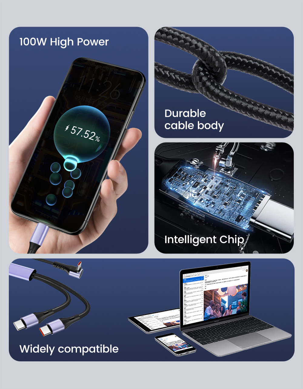 2 in 1 100W PD Super Fast Charging Data Cable C to C+L Multi Port Elbow ...