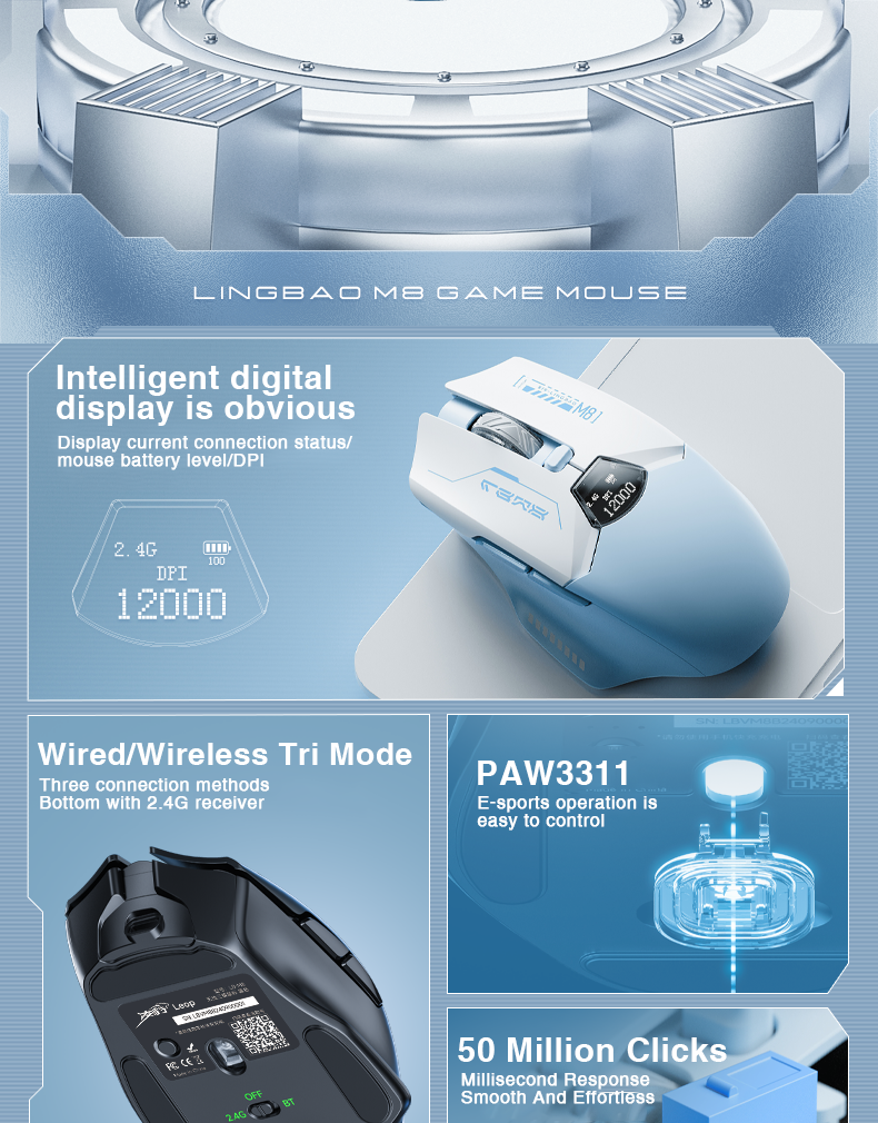 LINGBO M8 Wireless Mouse Screen Visualization PAw3311 Sensor Level 6 ...