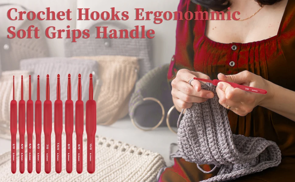 Red Crochet Hook Needle Silicone Handle Aluminum Crochet Needle Set ...