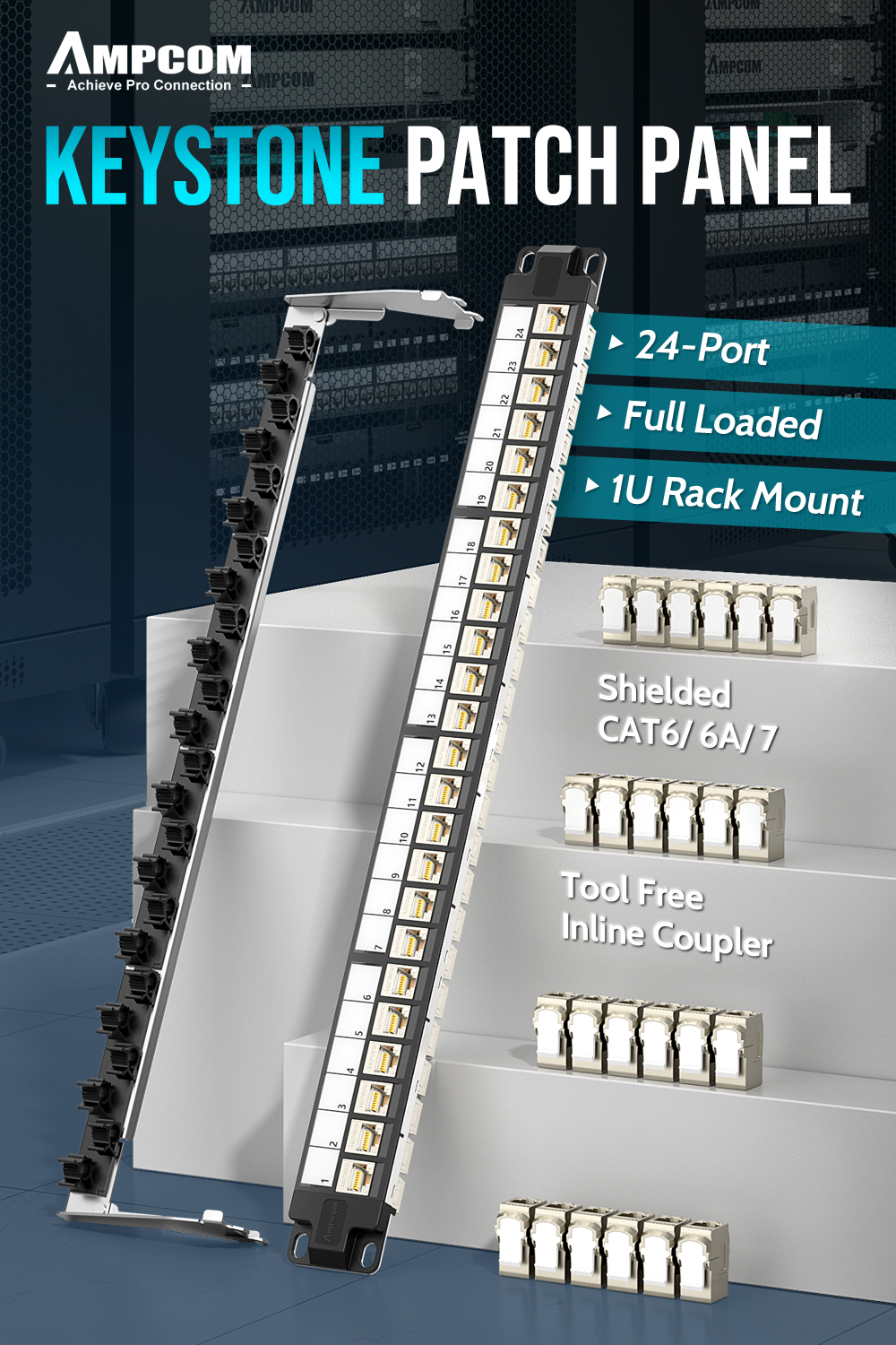 AMPCOM 1U 24-Port Keystone Patch Panel,STP Rack-Mounted with Rear Cable Management Bar, STP Pass ...