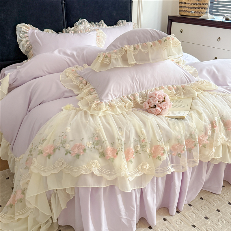 4 IN 1 Princess Style Chiffon Lace Embrolidery Bed Sheet Set Washed ...