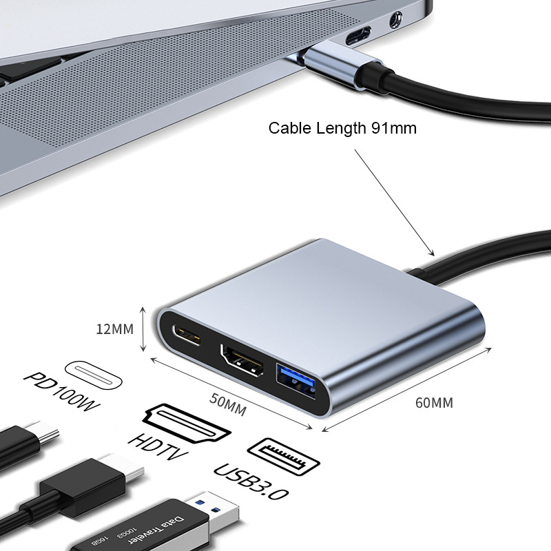 3-in-1 USB C Hub 100W Power USB 3.0 4K HDMI for MacBook Surface Chrome ...