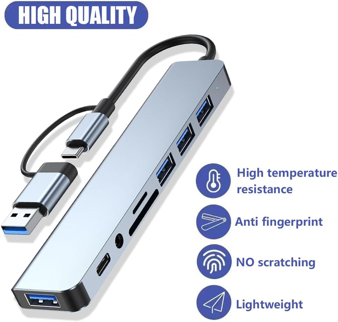 USB Port HUB 8 in 2 Type C Expander with TF SD Reader 3.5mm PD Audio ...