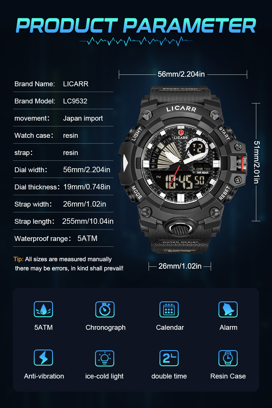 LICARR Fashion Dual Display Trend Waterproof Sport Men's Watch Alarm ...