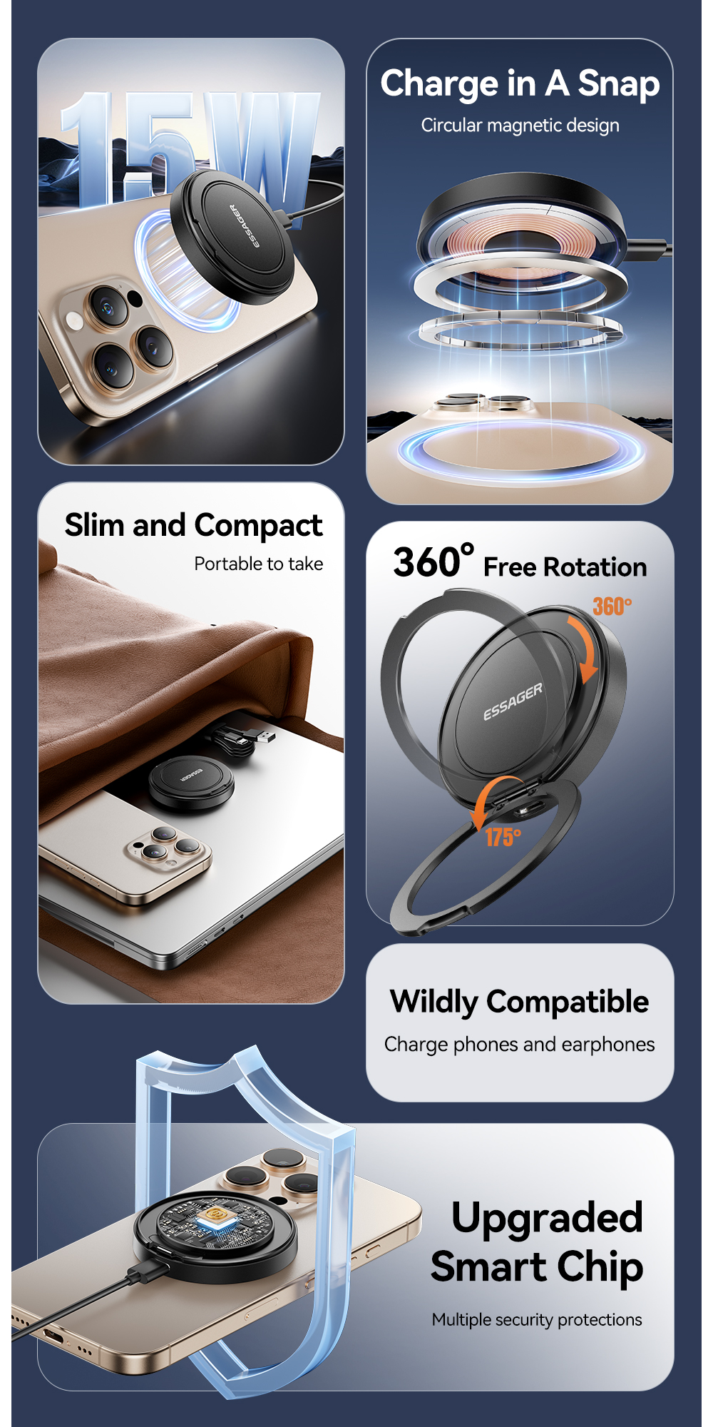 ESSAGER 15W Magnetic Wireless Charger Stand 2-in-1 Charging Stand For ...