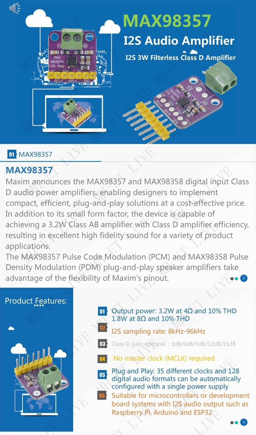 Max98357 I2S 3W Class D Amplifier Breakout Interface Dac Decoder Module ...