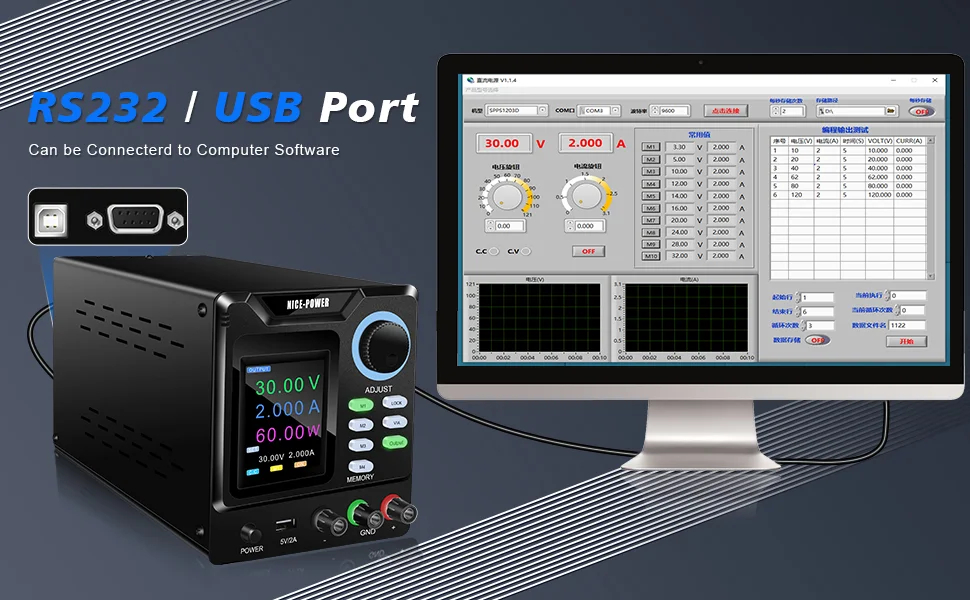 KUAIQU 30V 10A Lab Programmable DC Power Supply RS-232/USB Laboratory Adjustable 60V 5A 120V 3A ...