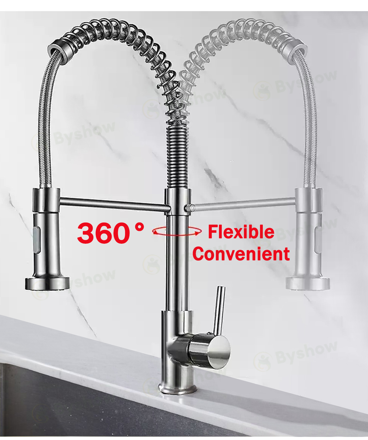 【Byshow】360° Rotating Dual Spray Kitchen Faucet 304 Stainless Steel ...
