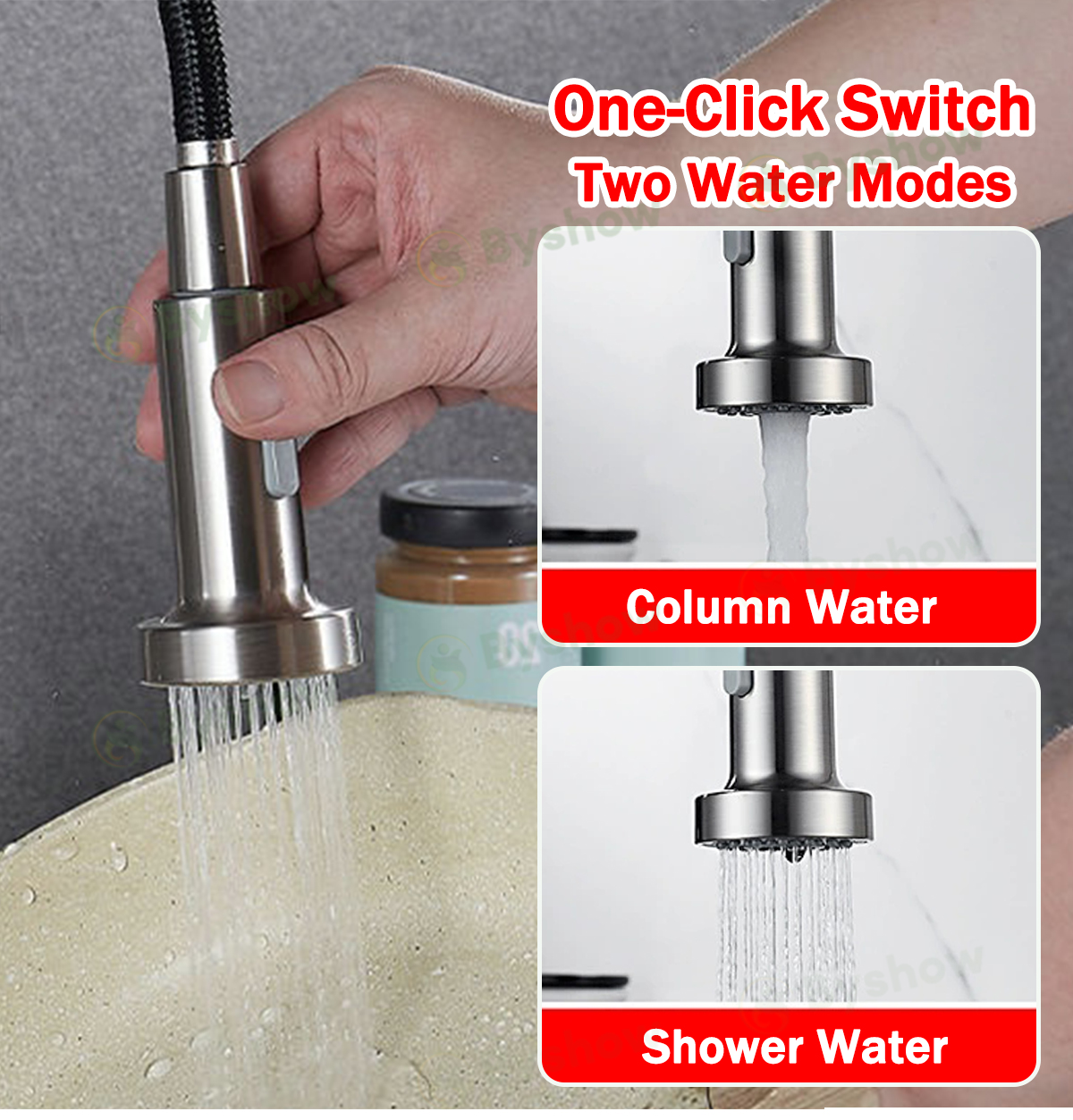 【Byshow】360° Rotating Dual Spray Kitchen Faucet 304 Stainless Steel ...