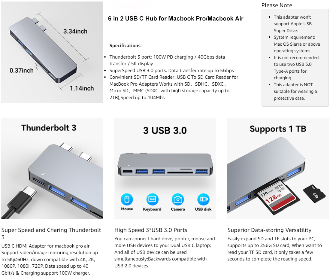 USB C Hub Adapters for MacBook Pro/MacBook Air 6-in-2 Multiport Adapter ...