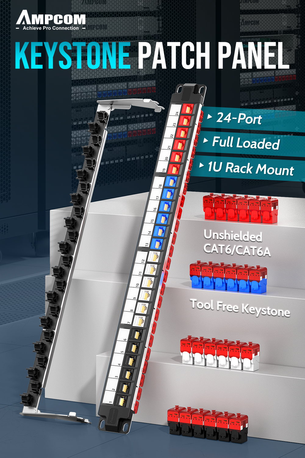 AMPCOM 1U 24-Port Keystone Patch Panel, UTP Rack-Mounted with Rear ...