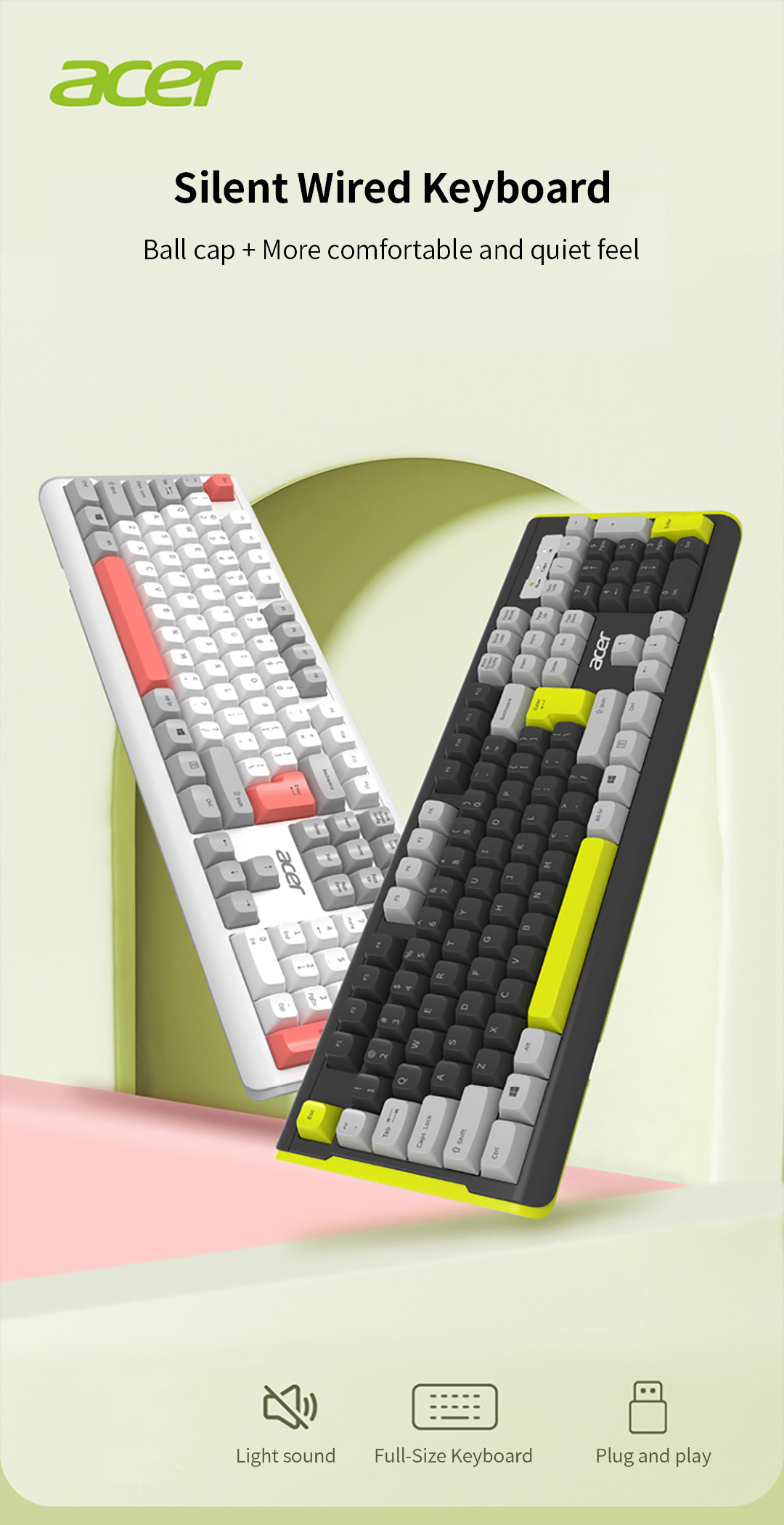Acer OKB0A0 Plus Wired Keyboard Low-Noise Full Layout USB Plug and Play ...