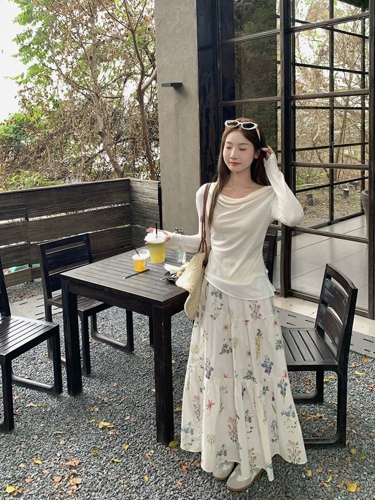 Alisa.Sonya French White Versatile Floral A-Line Elastic Waist Midi ...