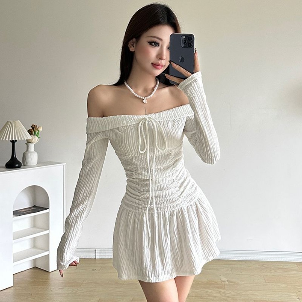 Alisa.Sonya French Style Elegant Pleated Dress for Women Off Shoulder ...