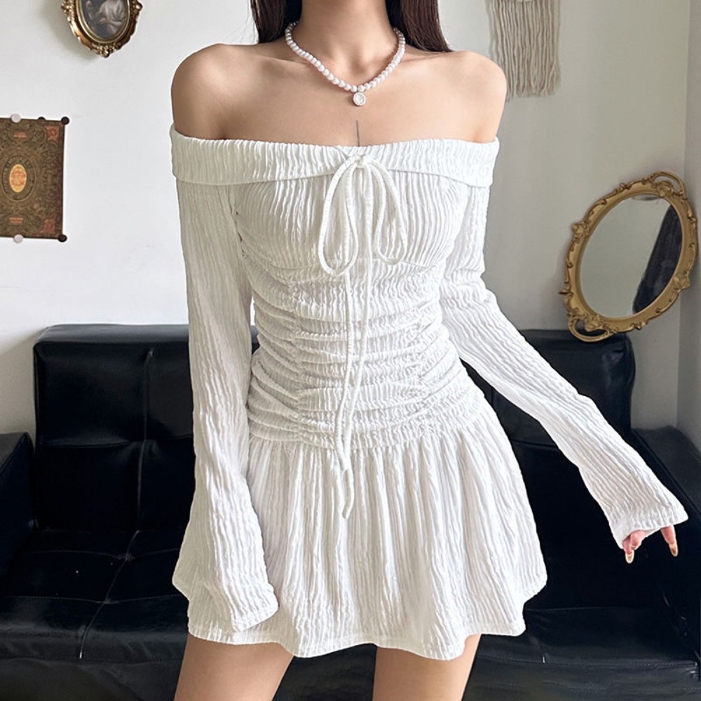 Alisa.Sonya French Style Elegant Pleated Dress for Women Off Shoulder ...