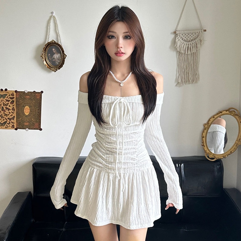 Alisa.Sonya French Style Elegant Pleated Dress for Women Off Shoulder ...
