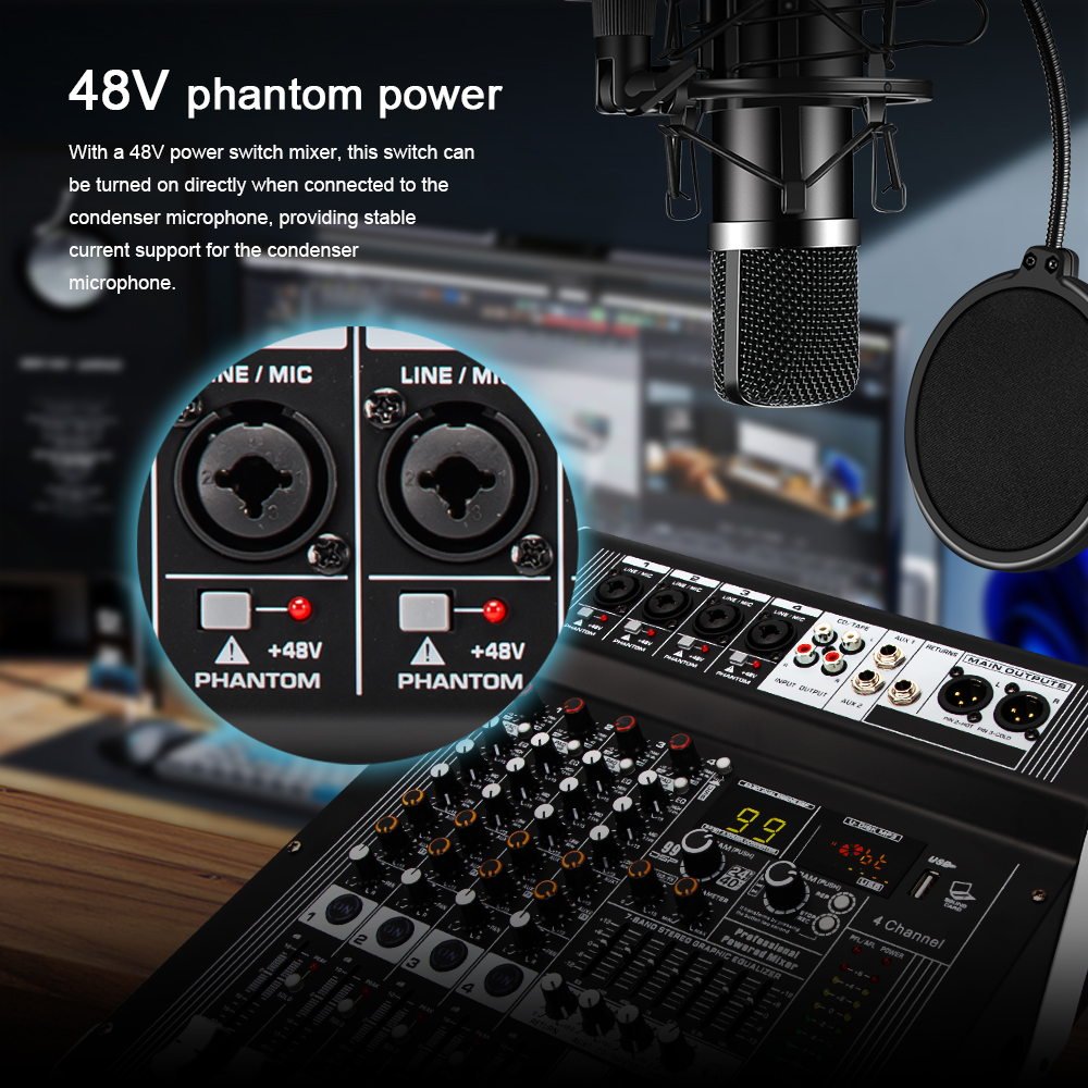 BOMGE NX4/6P Audio Mixer, 4 Channel Audio DJ Mixer Standalone 48V 2 AUX ...