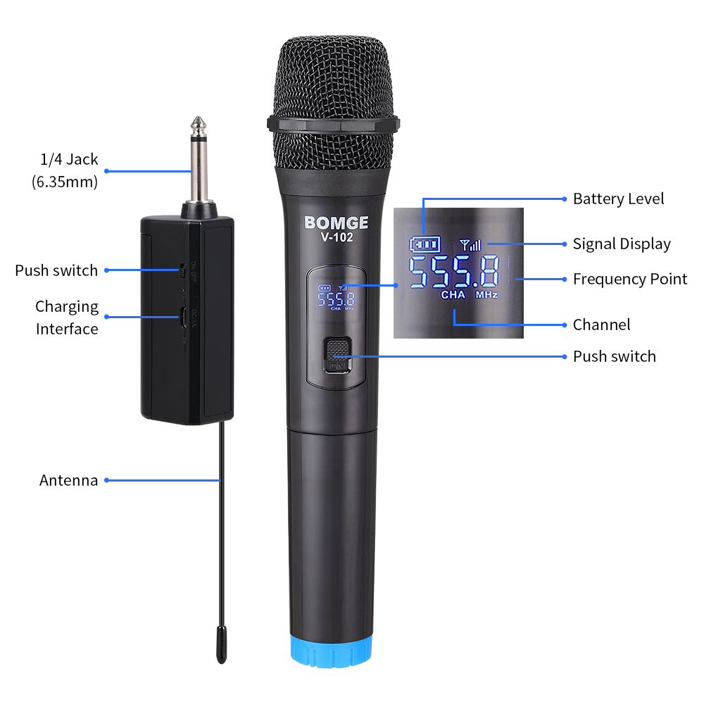 BOMGE V102 Wireless Microphone system 2 Handheld Microphone DVD PC Mic ...