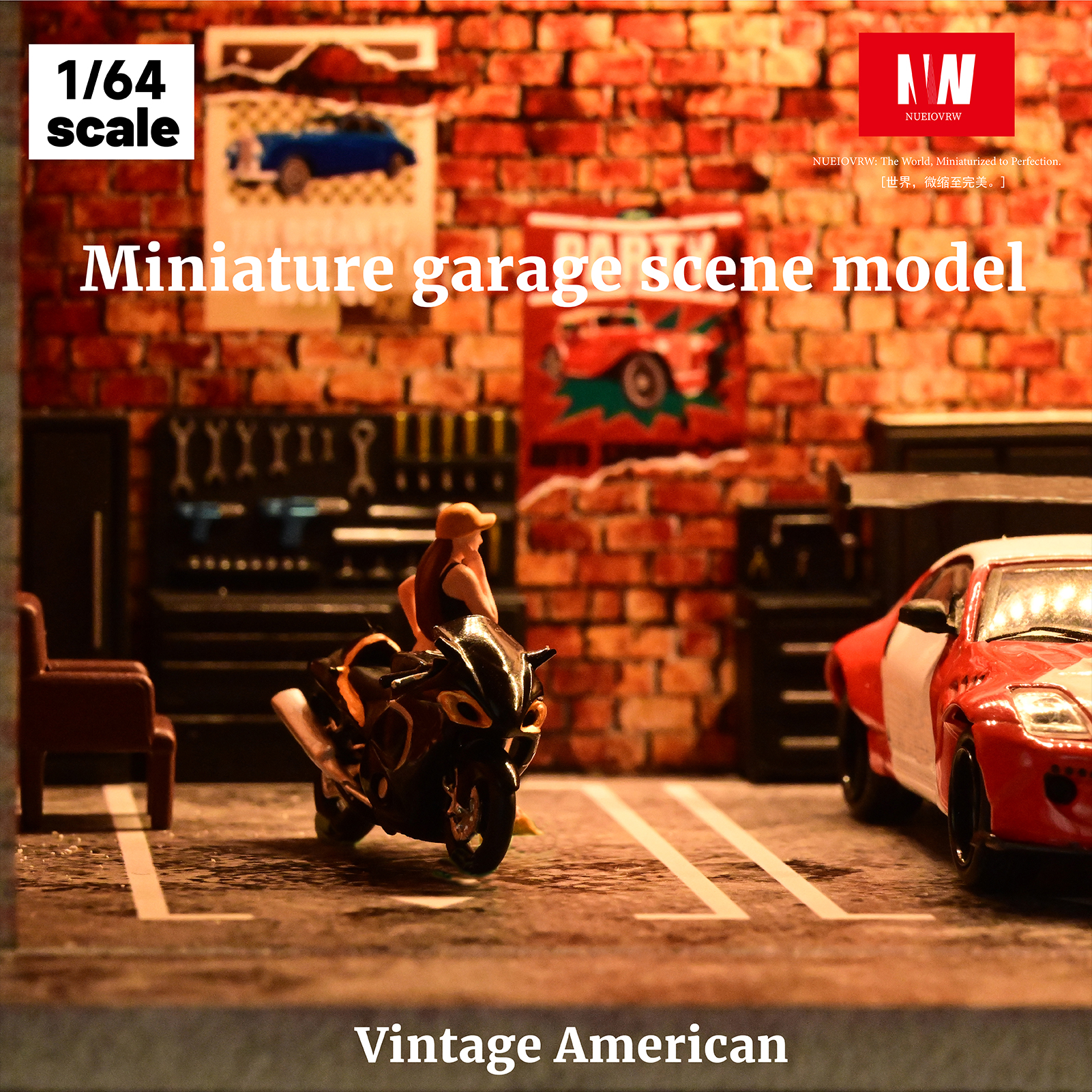 NUEIOVRW 1/64 Scale Diorama Car Garage Model LED Lighting Vintage City ...