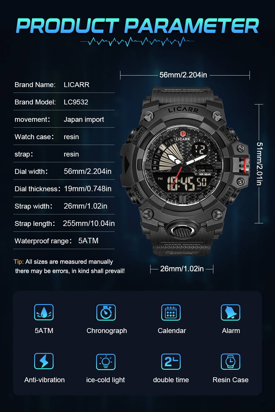 LICARR Original Fashion Brand Dual Display Sports Waterproof Casual Men ...