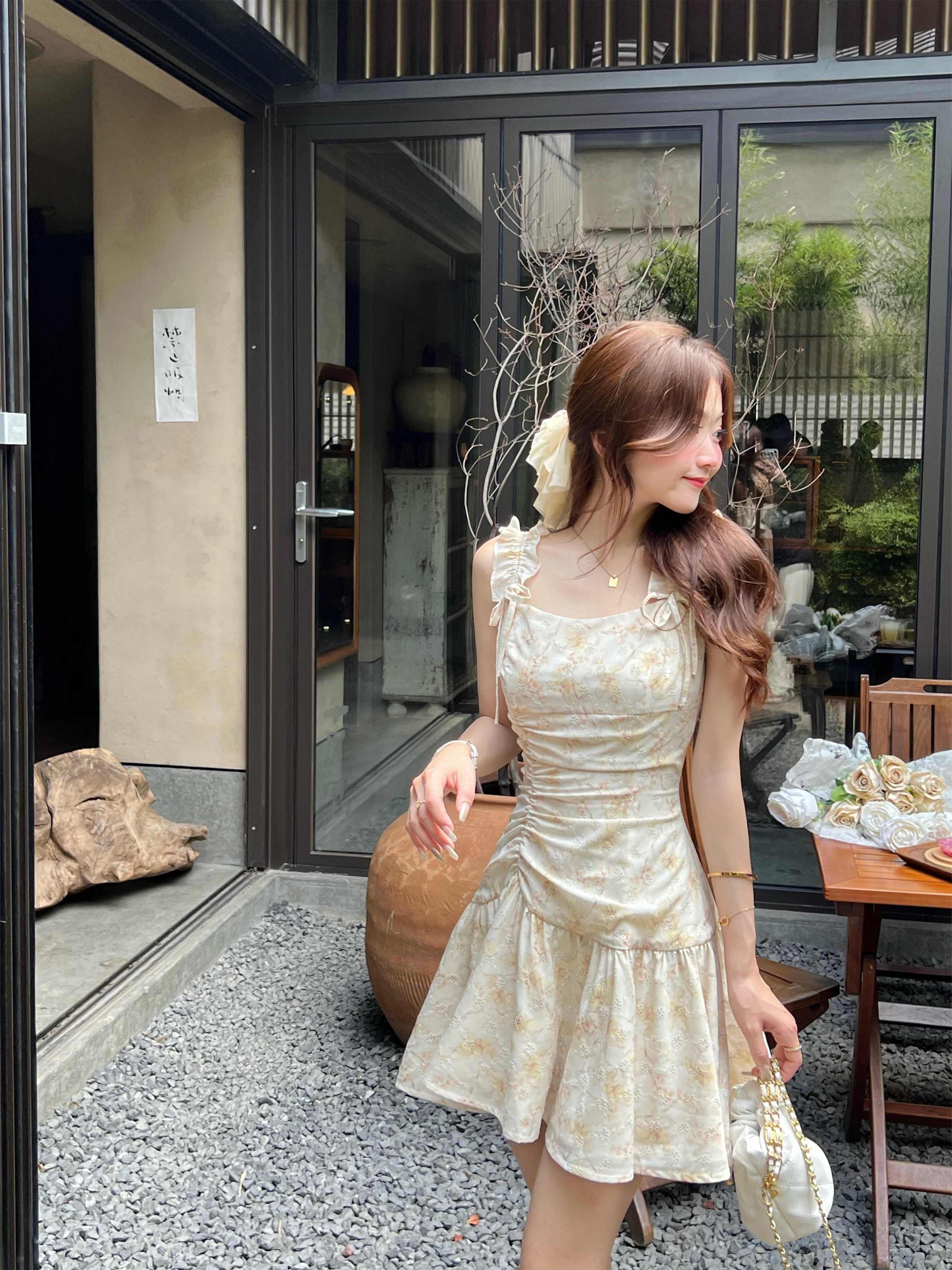 French Korean yellow floral dress Female summer small tea break slip ...