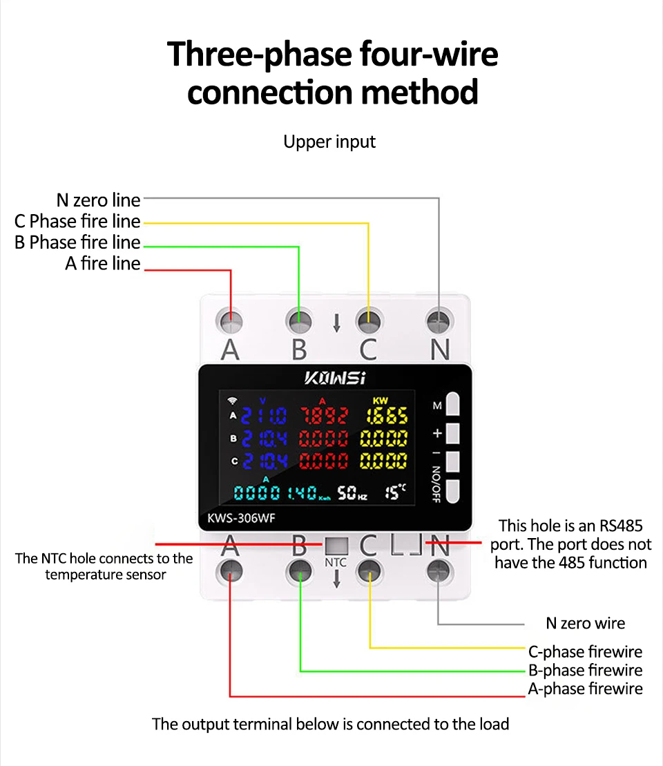 KWS-306 Power Meter 3 Phase 4 Wire Color Screen Multi-function AC 85 ...