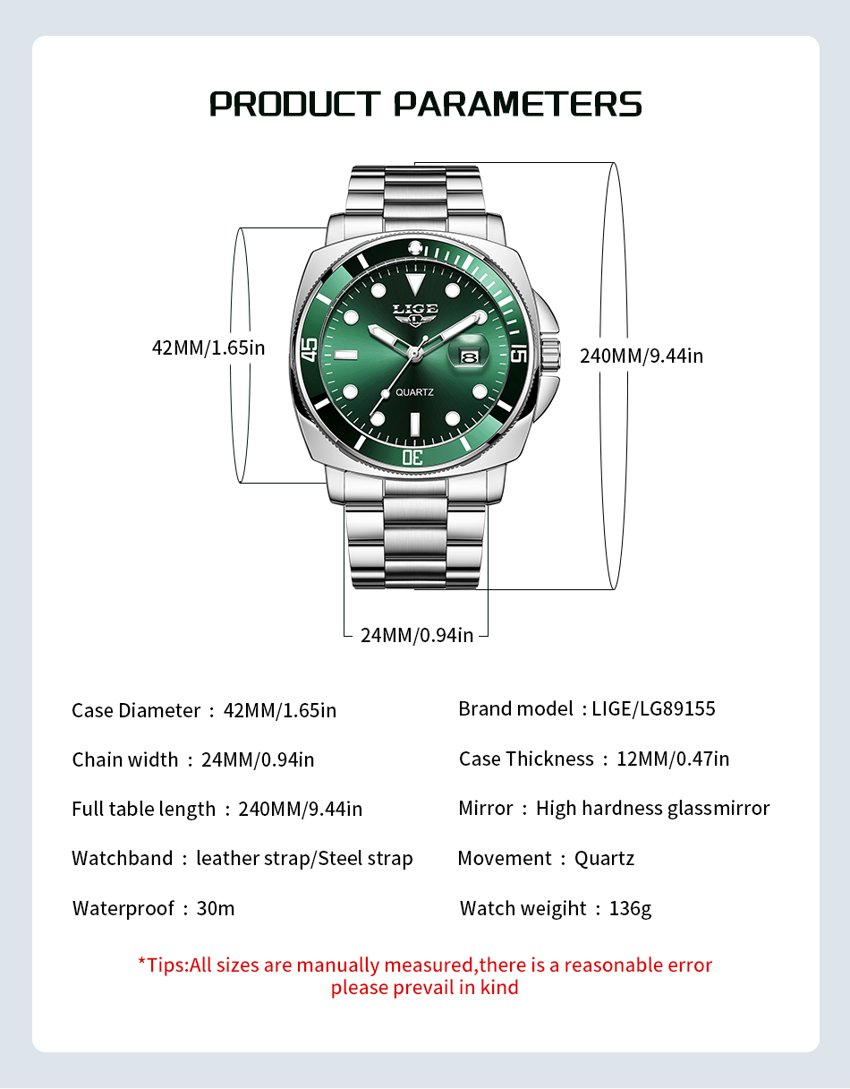 LIGE Classic Mens Watch Quartz Green Ghost Diver Series Stainless Steel ...