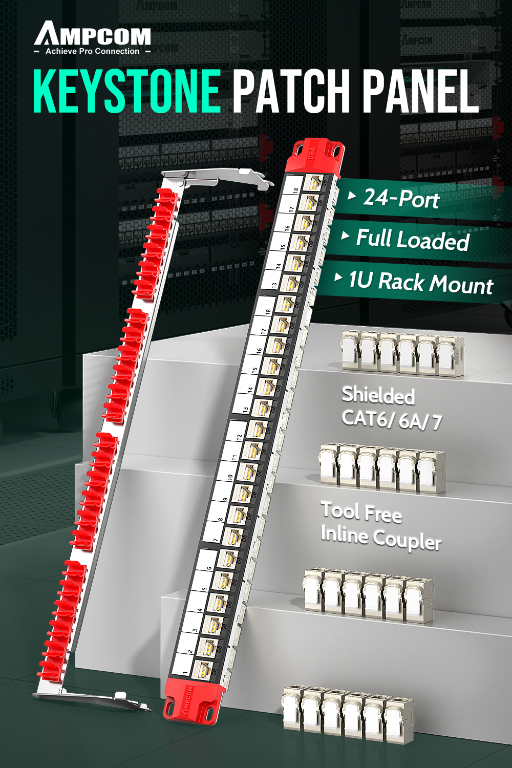 AMPCOM 1U 24-Port STP Keystone Patch Panel,Rack-Mounted with STP Feed ...
