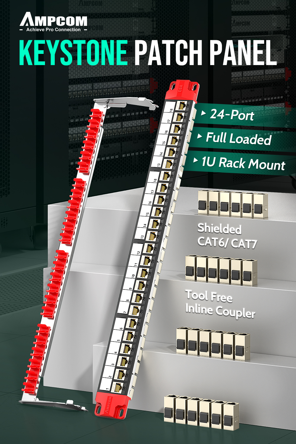 AMPCOM 1U 24-Port STP Keystone Patch Panel,Rack-Mounted with Rear Cable ...