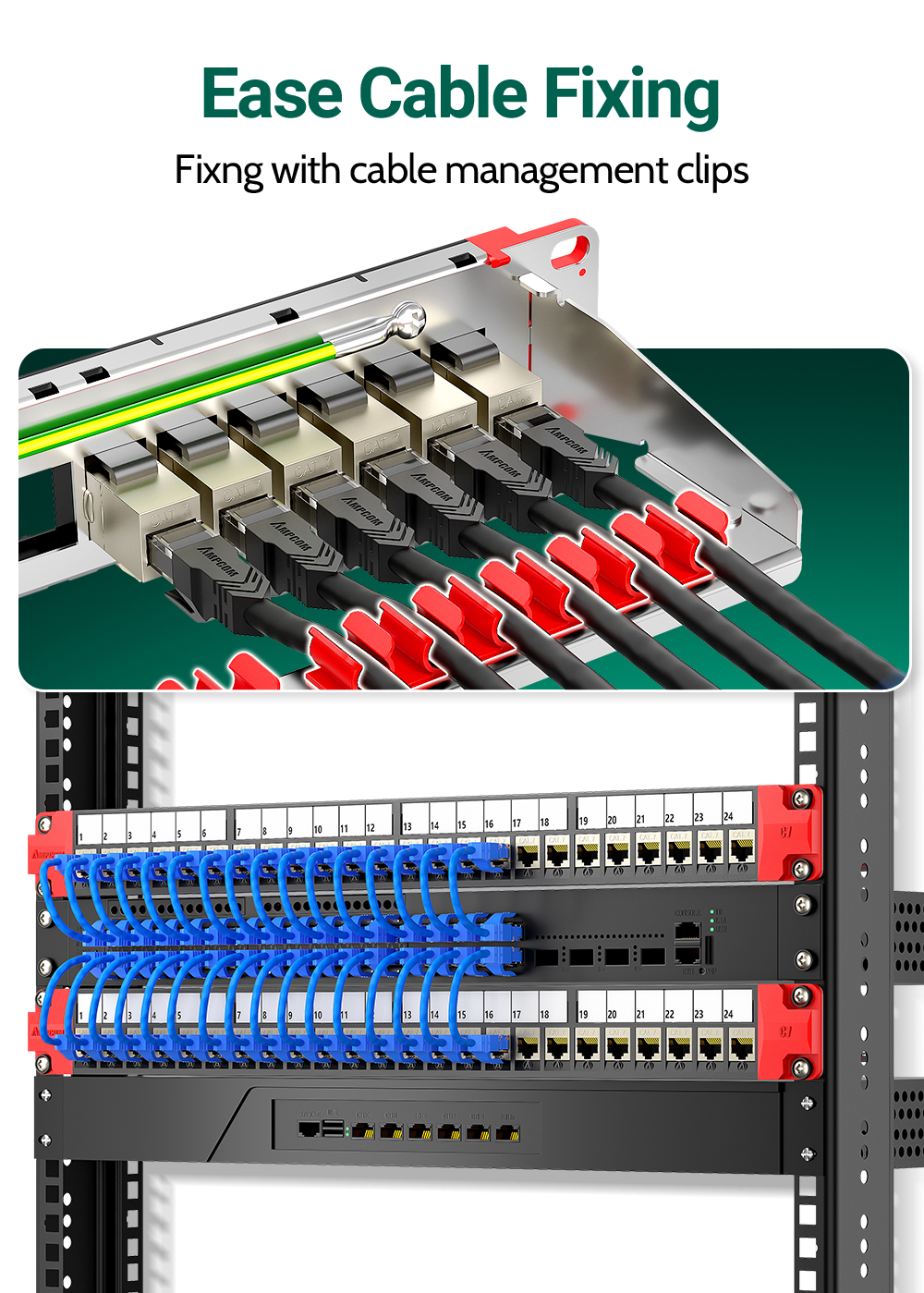 AMPCOM 1U 24-Port STP Keystone Patch Panel,Rack-Mounted with Rear Cable ...
