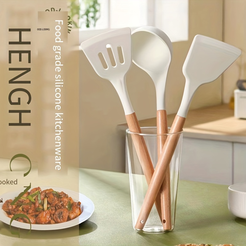 HomeAce home high-end 3PCS white silicone kitchenware set with wooden ...