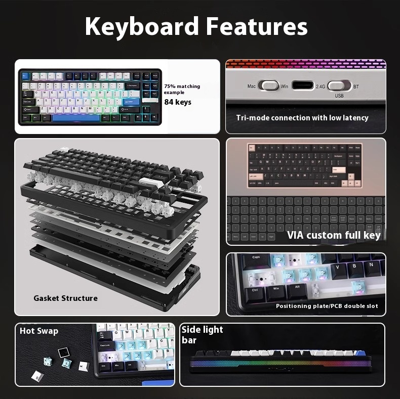 EPOMAKER TH85 Wireless Mechanical Keyboard 75% Hot swappable RGB GASKET Custom Gaming Keyboard ...