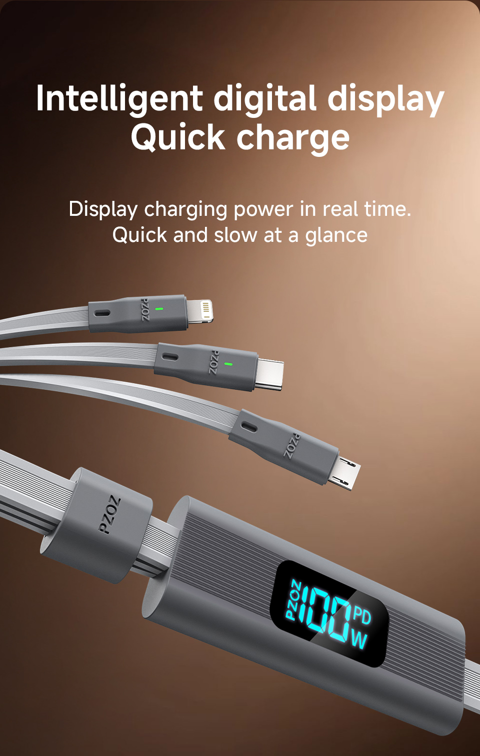 PZOZ LED 100W 3 in 1 Cable USB C To Type C Micro For iPhone 16 15 14 13 ...