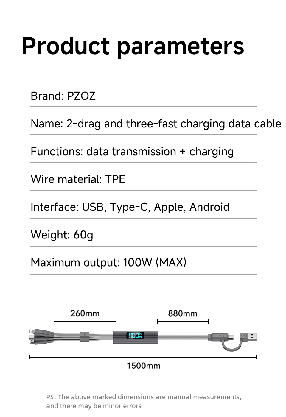 PZOZ LED 100W 3 in 1 Cable USB C To Type C Micro For iPhone 16 15 14 13 ...