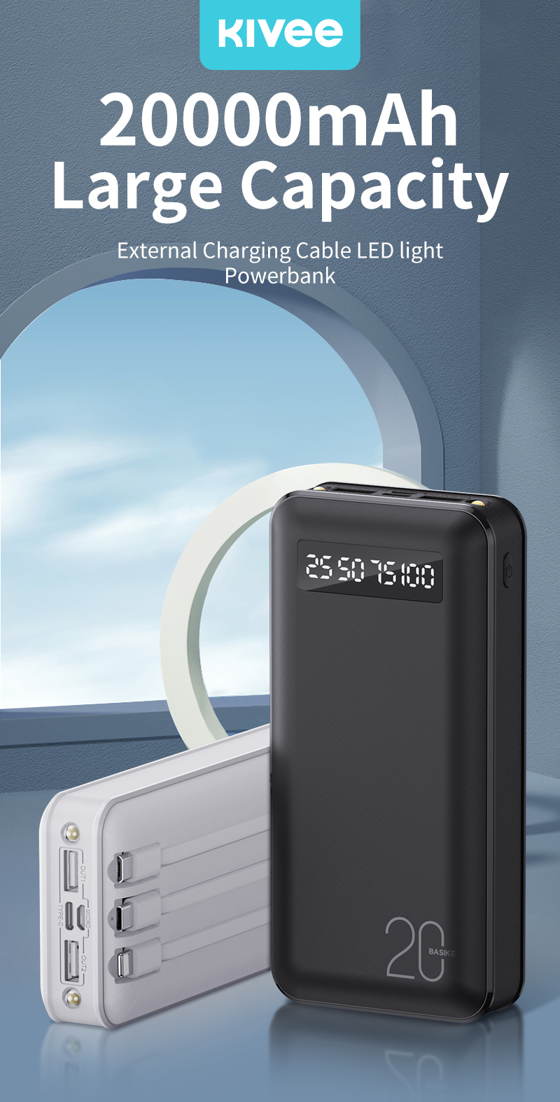 KIVEE Power Bank 3 Detachable Cable Full Capacity Portable Powerbank ...