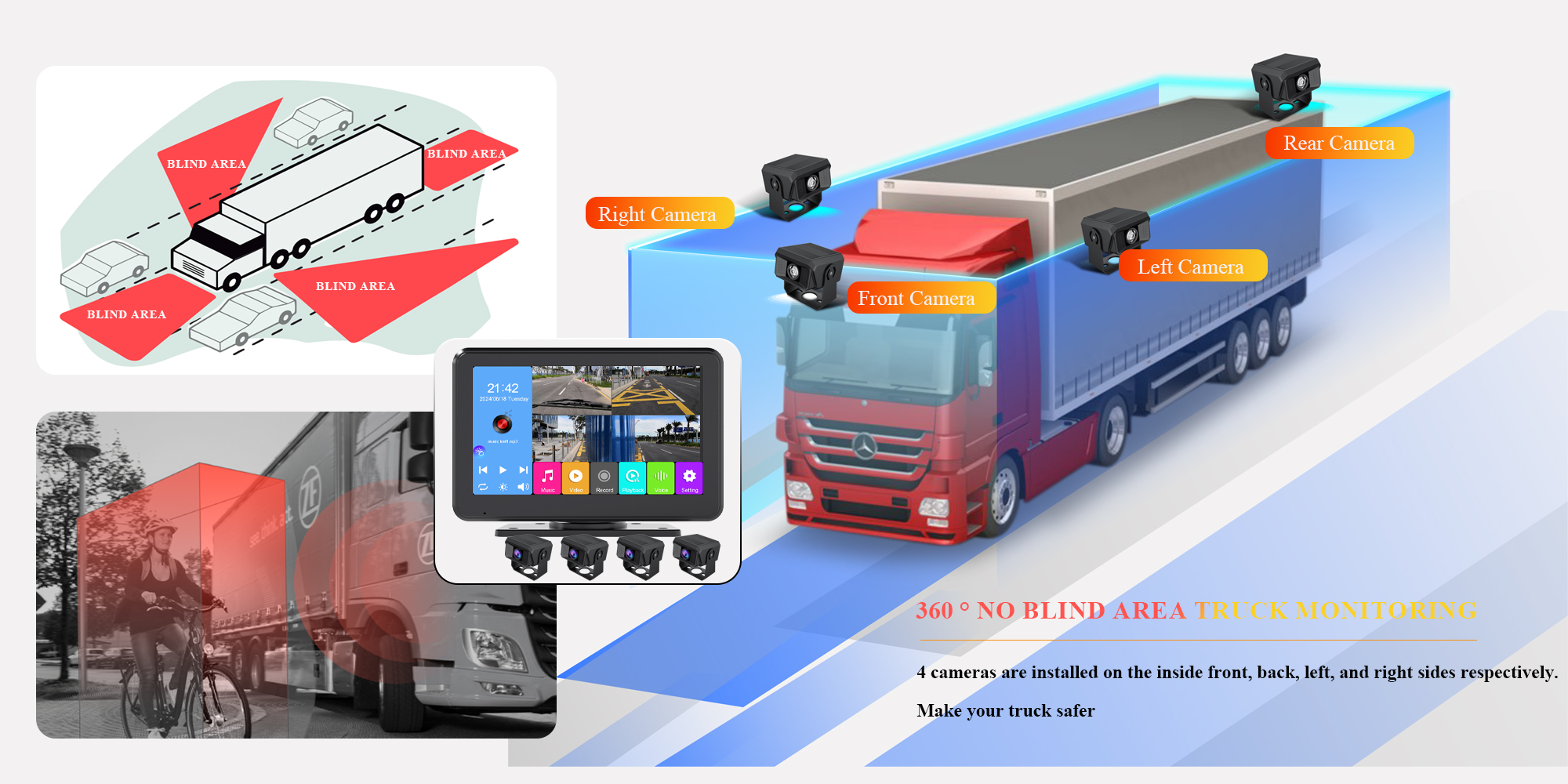 7 inch 360 Degree Driving AHD 4 Channels car monitor truck Touch Screen ...