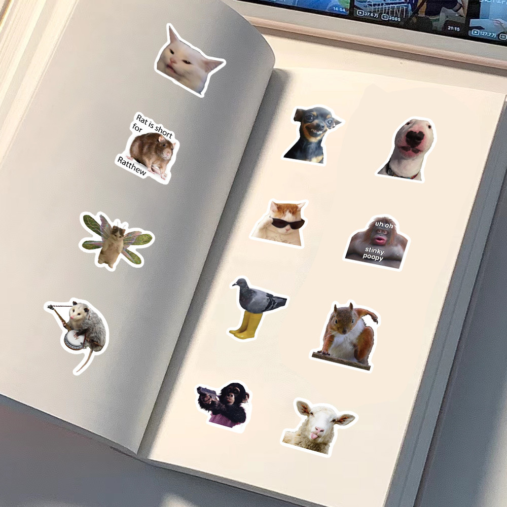60PCS Cute Animal Meme Stickers PVC Waterproof Cats Dogs Emoji Sticker ...