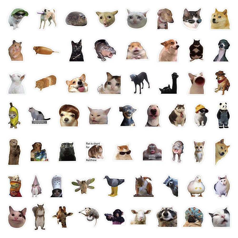 60PCS Cute Animal Meme Stickers PVC Waterproof Cats Dogs Emoji Sticker ...