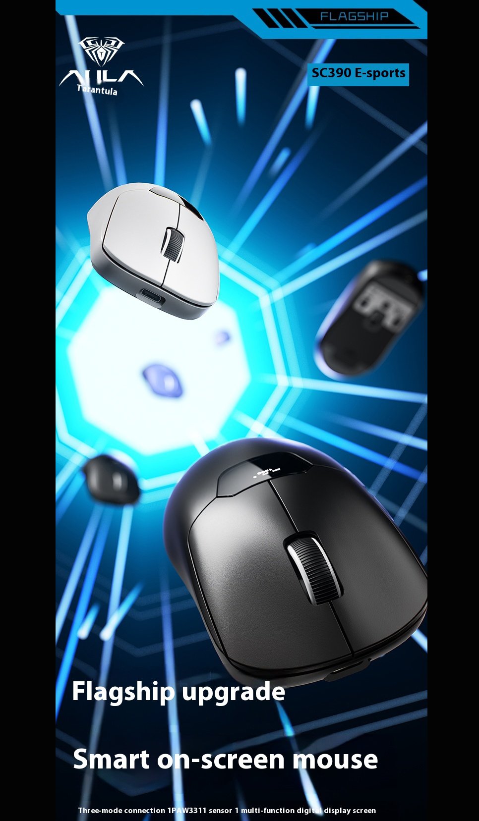 AULA SC390 Wireless Mouse PAW3311 Lightweight Three Mode Game Mouse Equipped with Display Screen ...