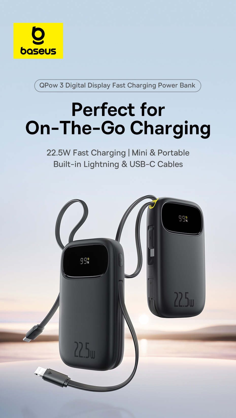 【10% Smaller Upgraded】Baseus FC31 Power Bank with 2 Built-in Cables 10000/20000mAh 22.5W Digital ...