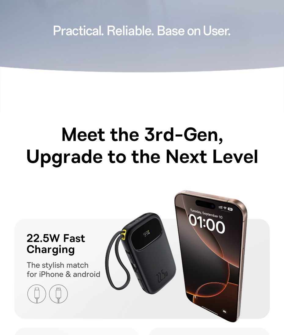 【10% Smaller Upgraded】Baseus FC31 Power Bank with 2 Built-in Cables 10000/20000mAh 22.5W Digital ...