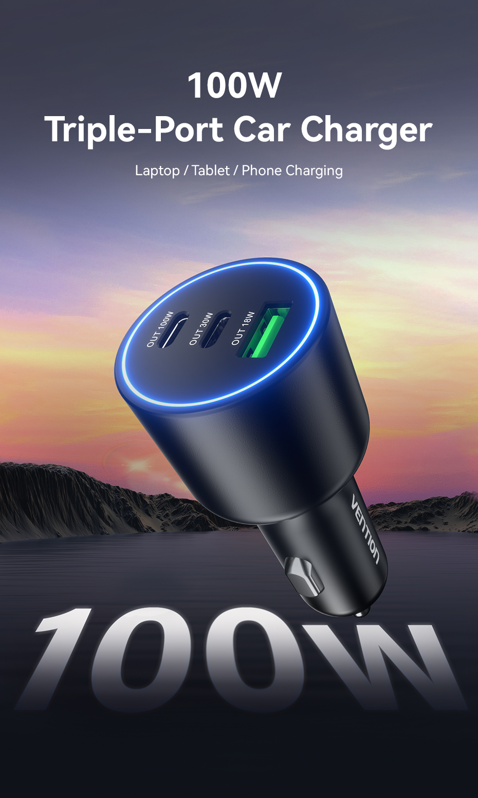 Vention 165W Fast Car Charger Dual USB-C + USB-A 3-Port 100W Quick ...