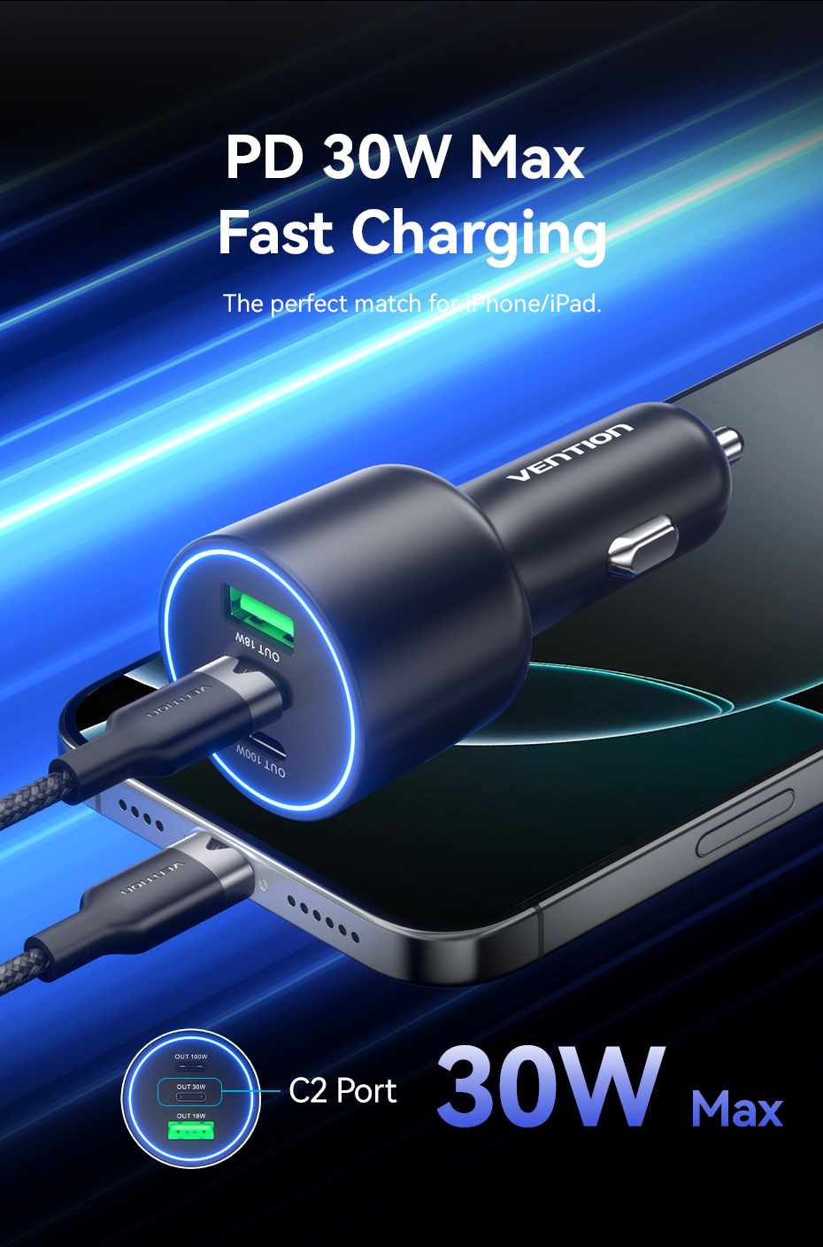 Vention 165W Fast Car Charger Dual USB-C + USB-A 3-Port 100W Quick ...