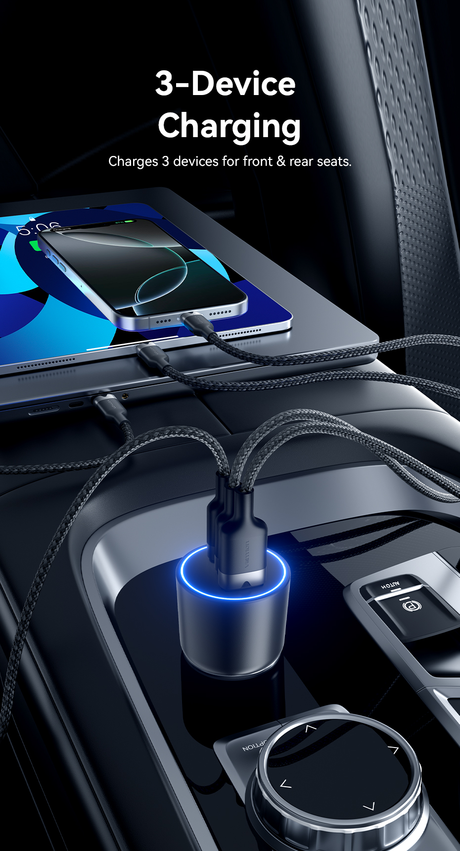 Vention 165W Fast Car Charger Dual USB-C + USB-A 3-Port 100W Quick ...
