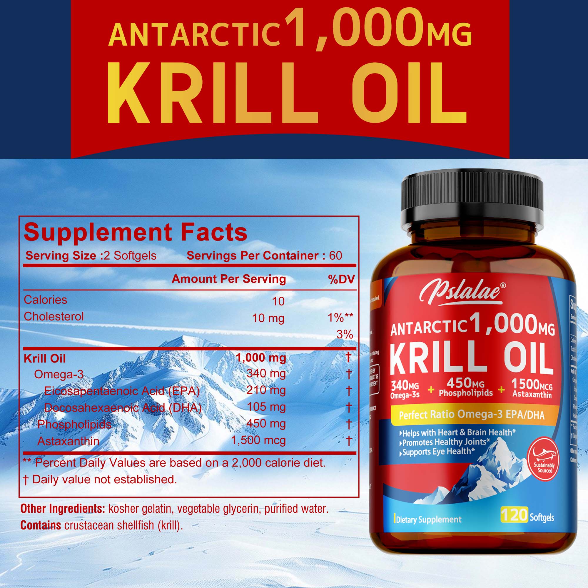 Antarctic Krill Oil Omega 3 Supplement, 1000mg Softgels, Astaxanthin ...