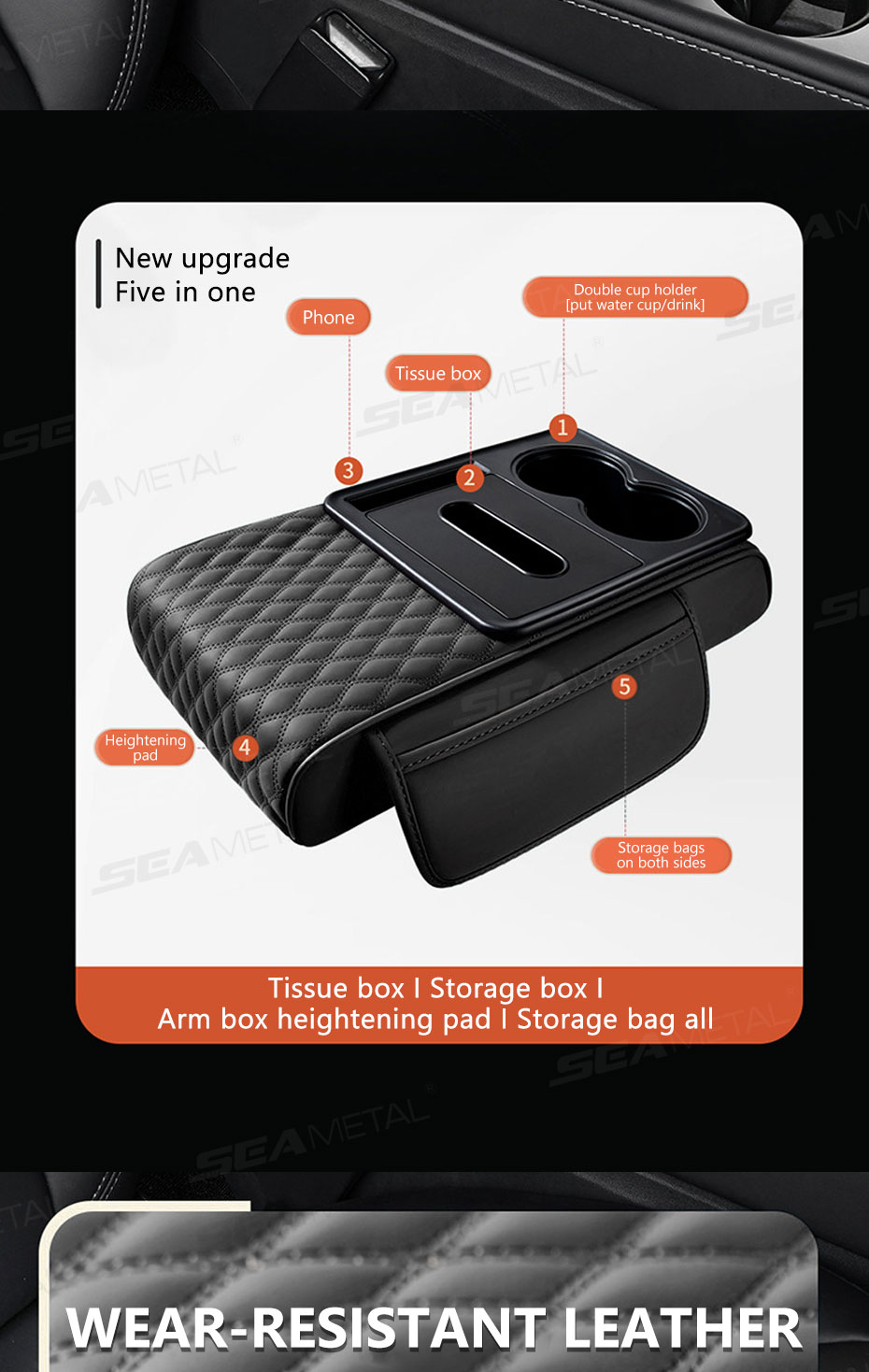 SEAMETAL 5 In 1 Car Armrest Storage Box Car Center Console Organizer ...