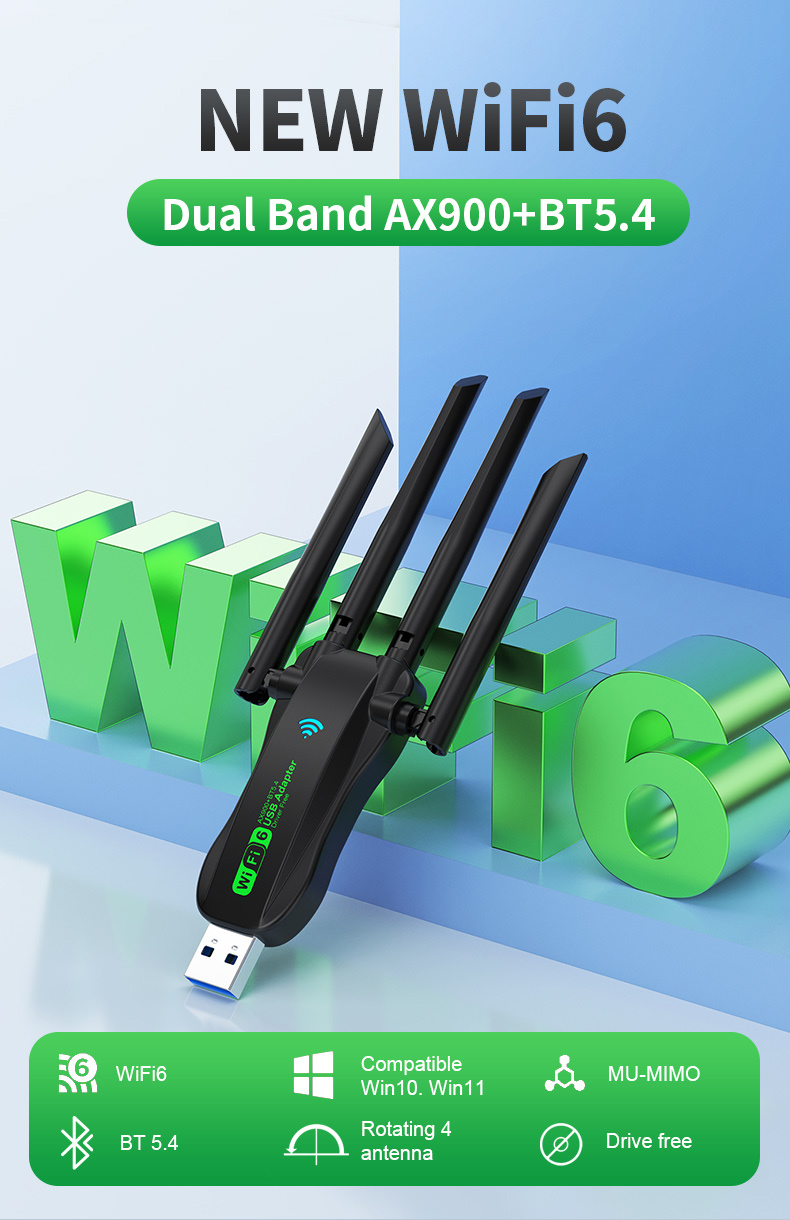 AX900 WiFi 6 USB Adapter Bluetooth 5.4 Dual Band 2.4G 5G Antennas WiFi6 USB Network Receiver ...