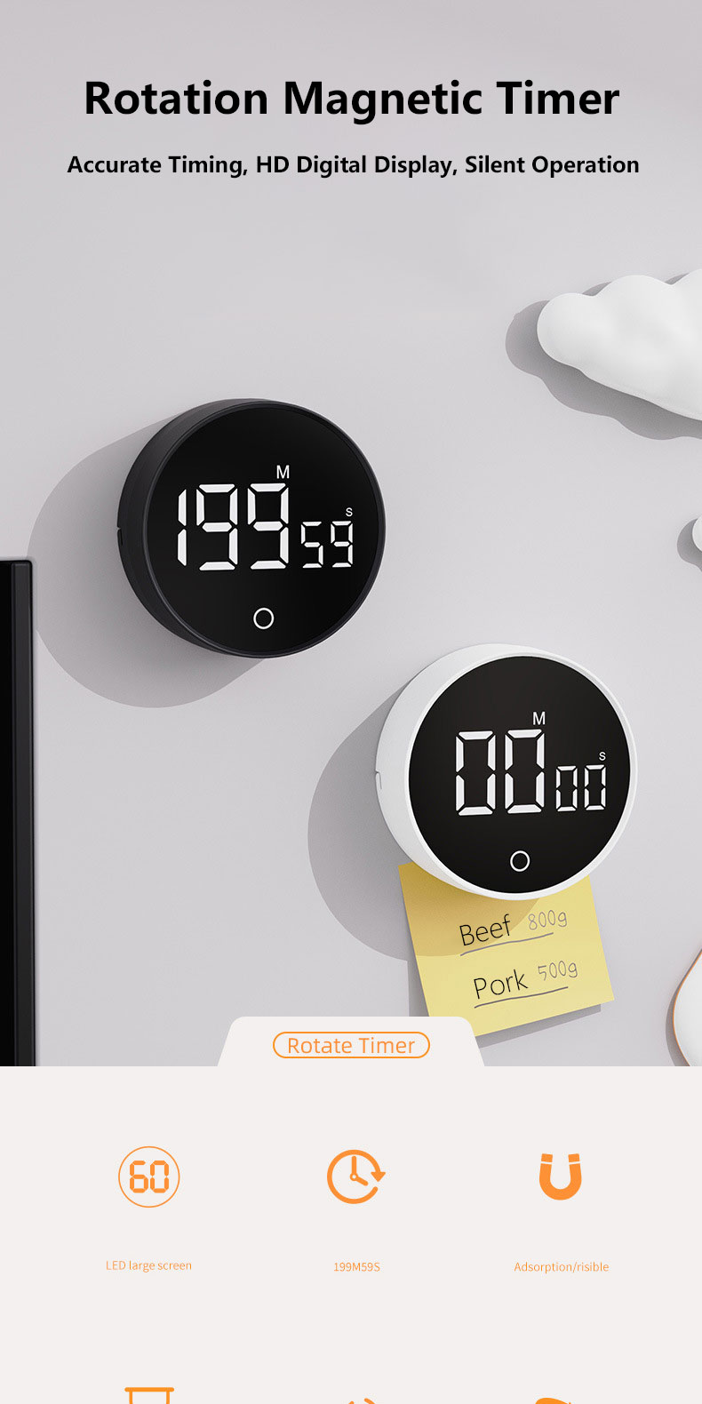 Gryno LED Digital Magnetic Timer With Alarm Stand Rotation Countdown ...