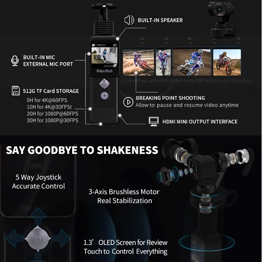 FeiyuTech Pocket 3 Cordless Detachable 3-Axis Stabilizer Gimbal Camera ...