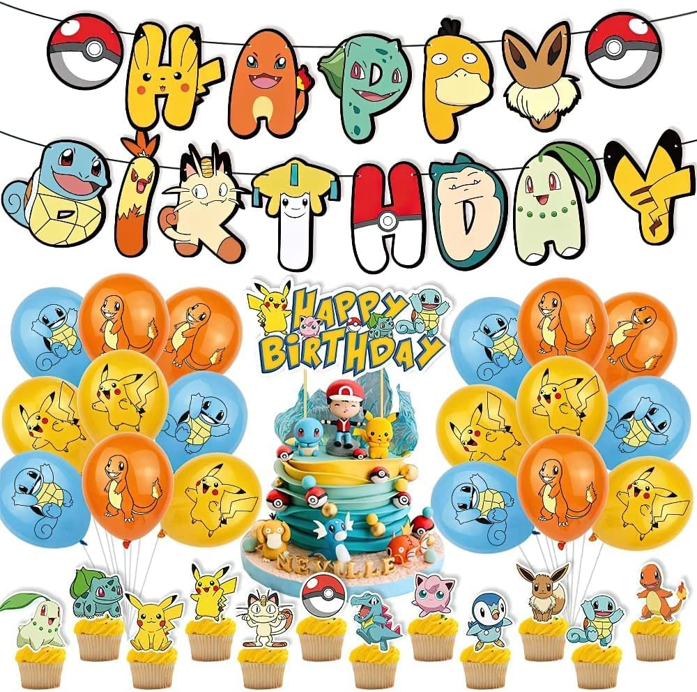 kids Anime Pikachu Banner Cake Topper Banner Balloon Set Pokemon ...